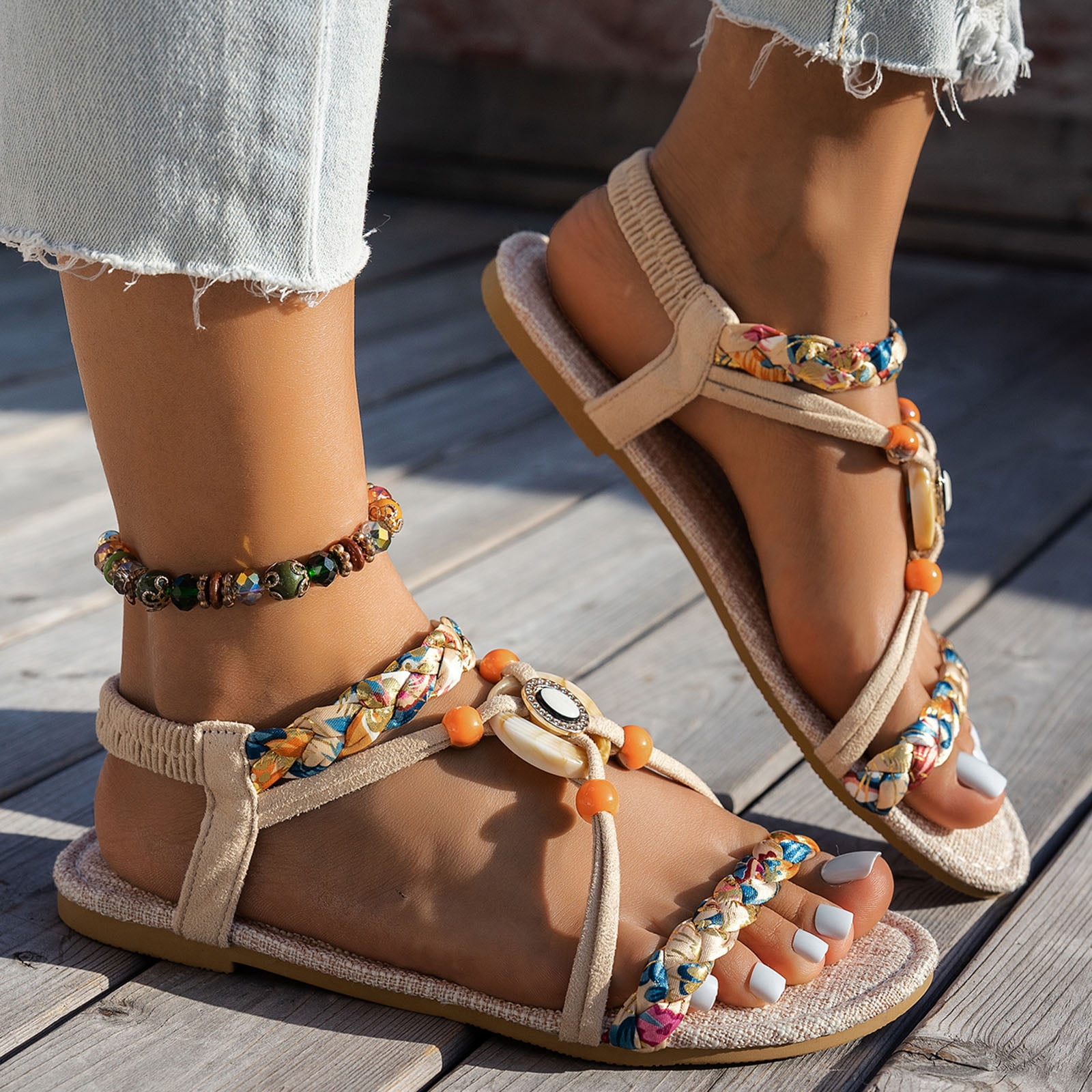 Bohemian Women's Sandals 2026 Summer Woven Bead Round Toe Comfortable ...
