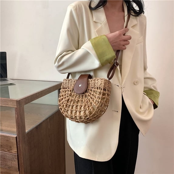 Bohemian Women's Semi-Circular Hollow Straw Bag, Rattan Handmade Straw ...