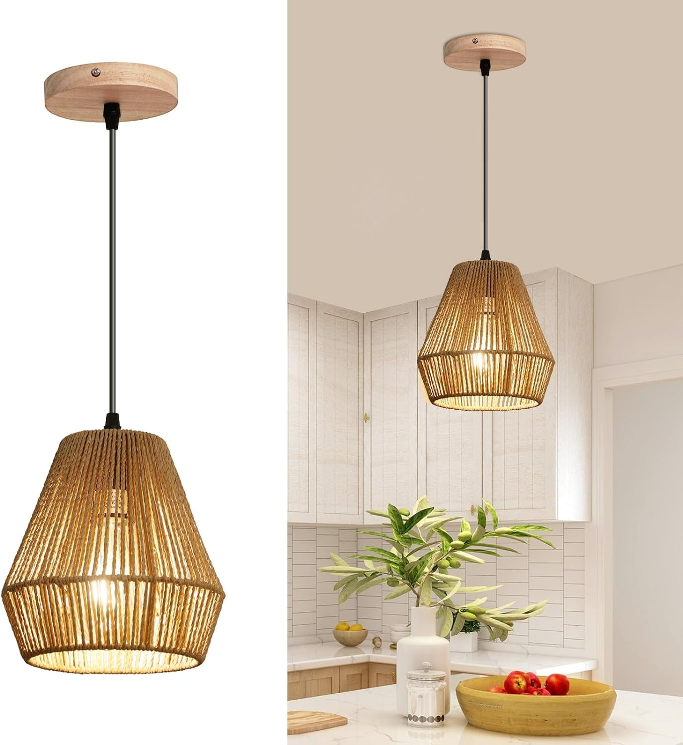 Bohemian Woven Rattan Pendant Light, 7'' Boho Hanging Light Fixture ...