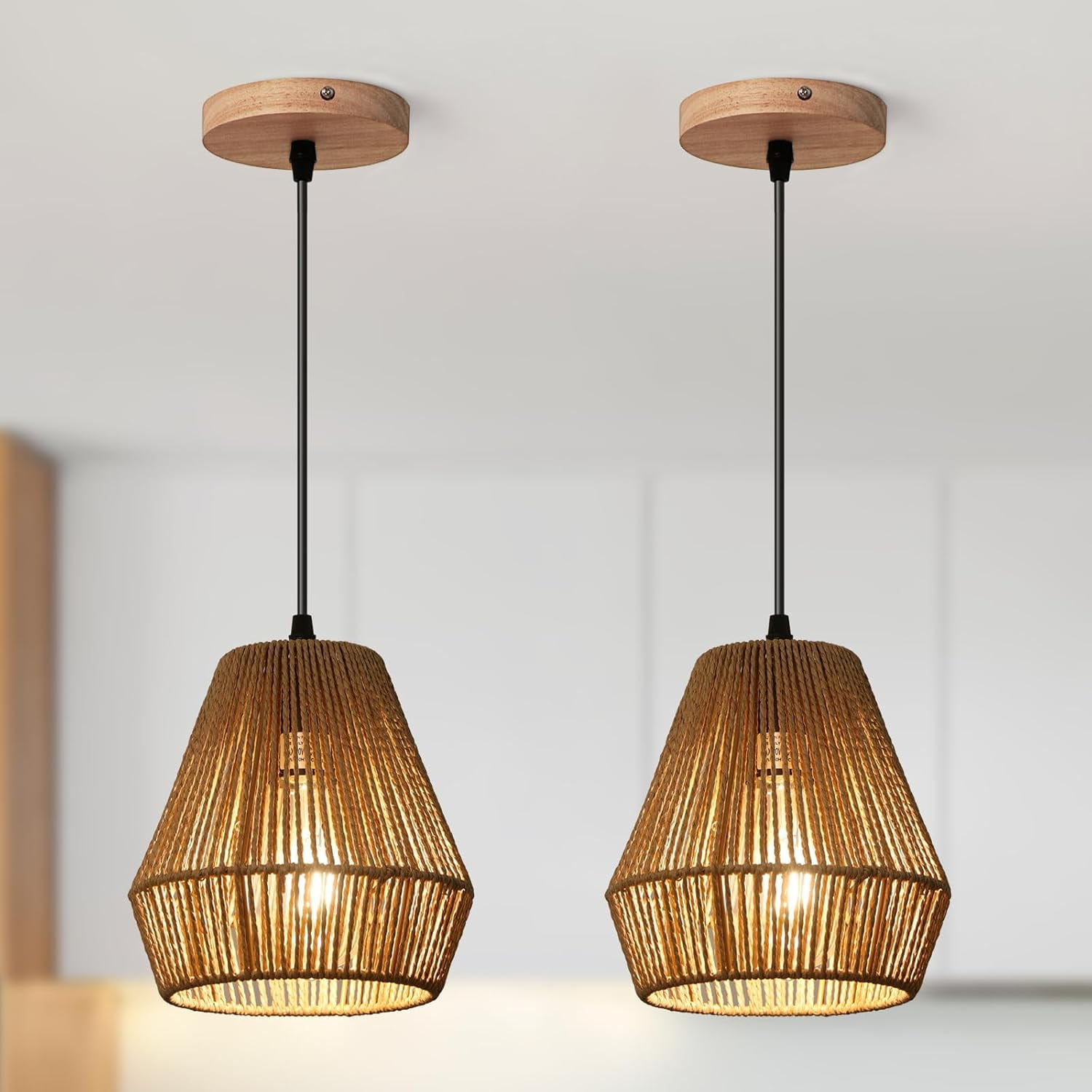Bohemian Woven Rattan Pendant Light, 7'' Boho Hanging Light Fixture ...