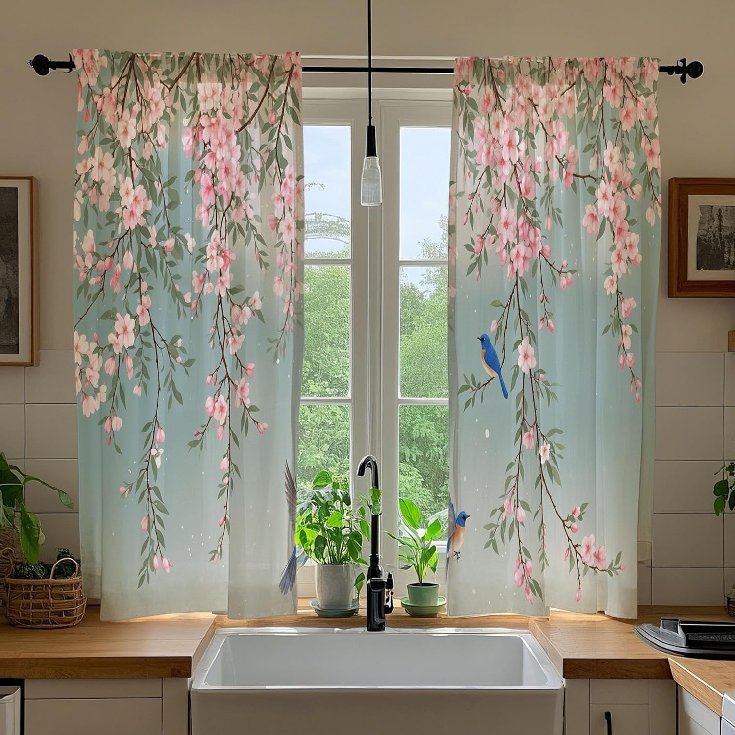 Bohemian floral kitchen curtains spring flowers short bathroom curtains ...