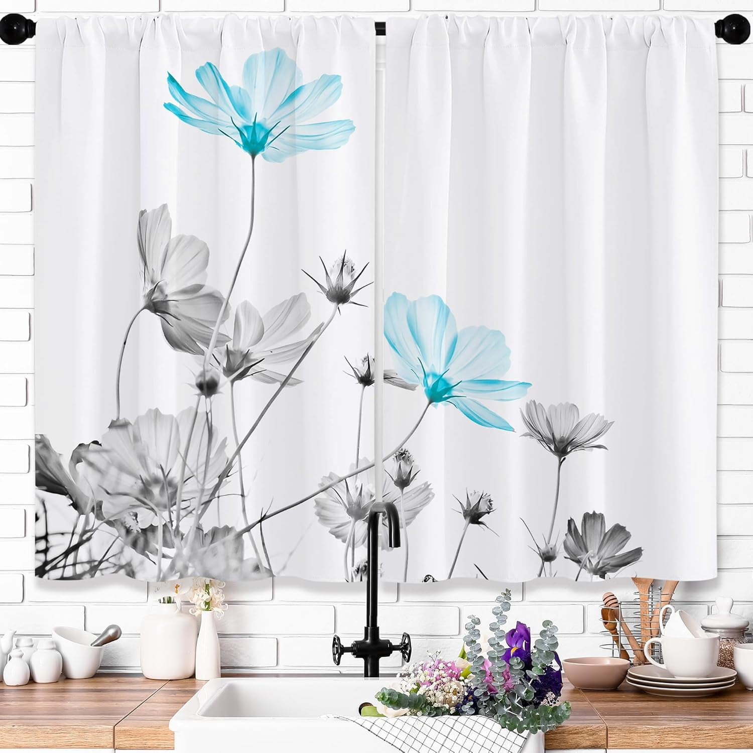 Bohemian floral kitchen curtains spring flowers short bathroom curtains ...