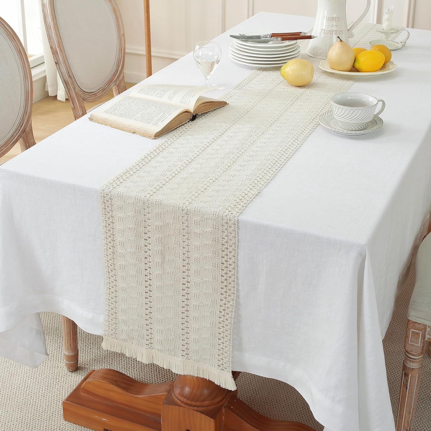 Bohemian ivory tablecloth, country style farm decoration, coffee bar ...