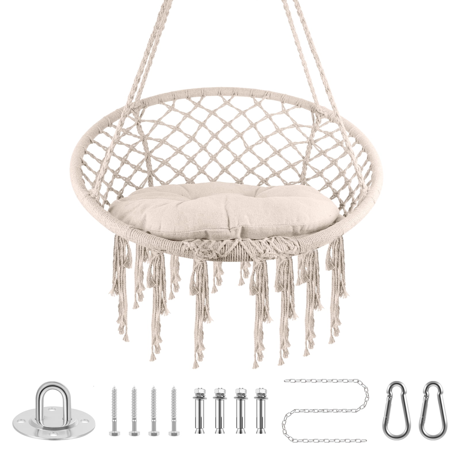 Bohemian - style Hand - Woven Beige Hanging Chair with Cushion - Great ...