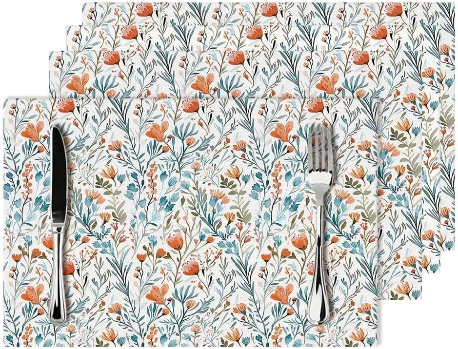 Bohemian style blue and orange floral linen tablecloth pad set, size ...