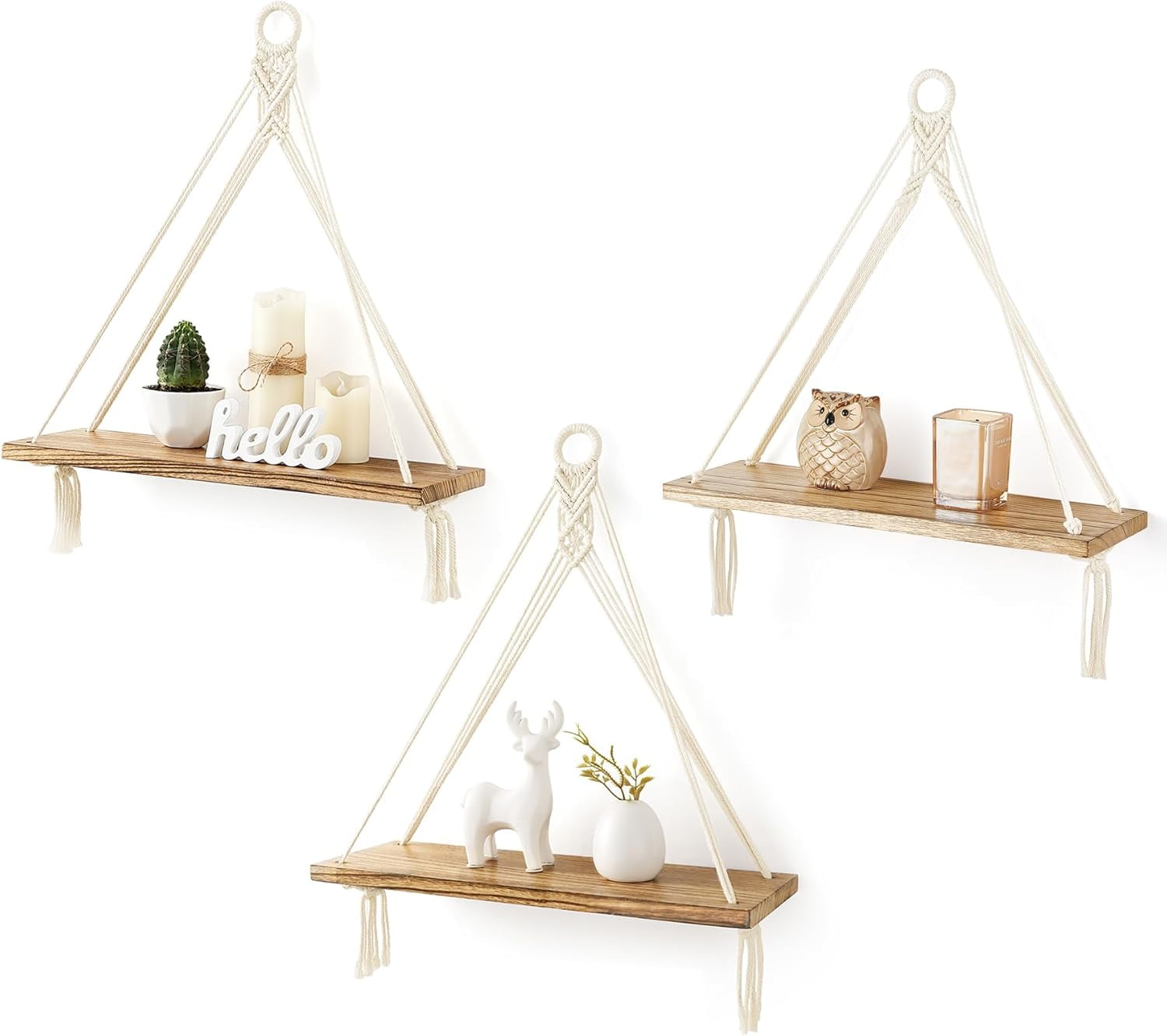 Bohemian style hanging racks, set of two rustic wooden floating storage ...