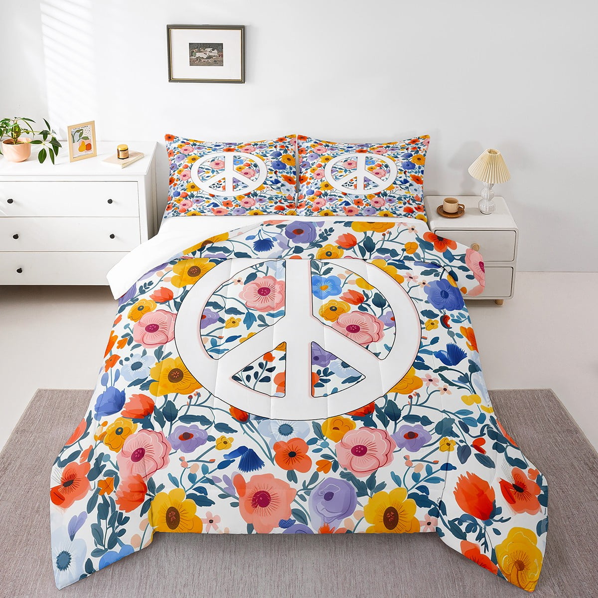 Bohenmian Down Comforter Groovy Flowers Theme Bedding Set,Hippie Peace ...