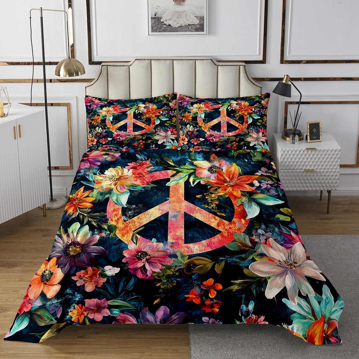 Bohenmian Peace Bedspread Set Peace Sign Boho Decor Coverlet Set ...