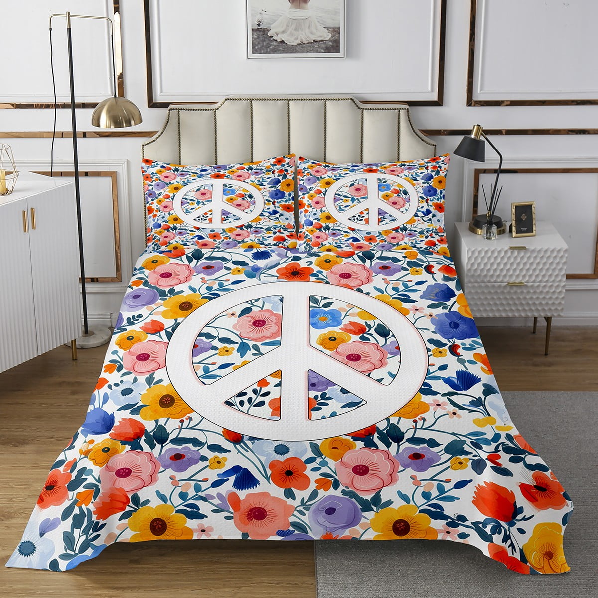 Bohenmian Quilt Set Groovy Flowers Theme Coverlet Set,Hippie Peace Sign ...