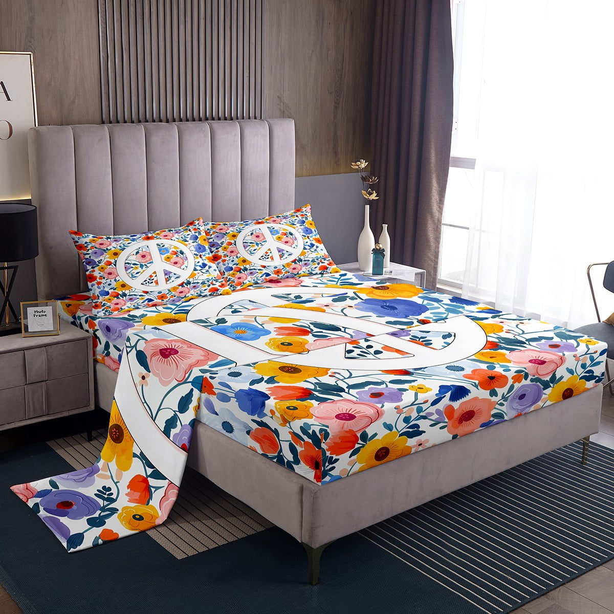 Bohenmian Sheet Set Groovy Flowers Theme Bed Sheets Set,Hippie Peace ...