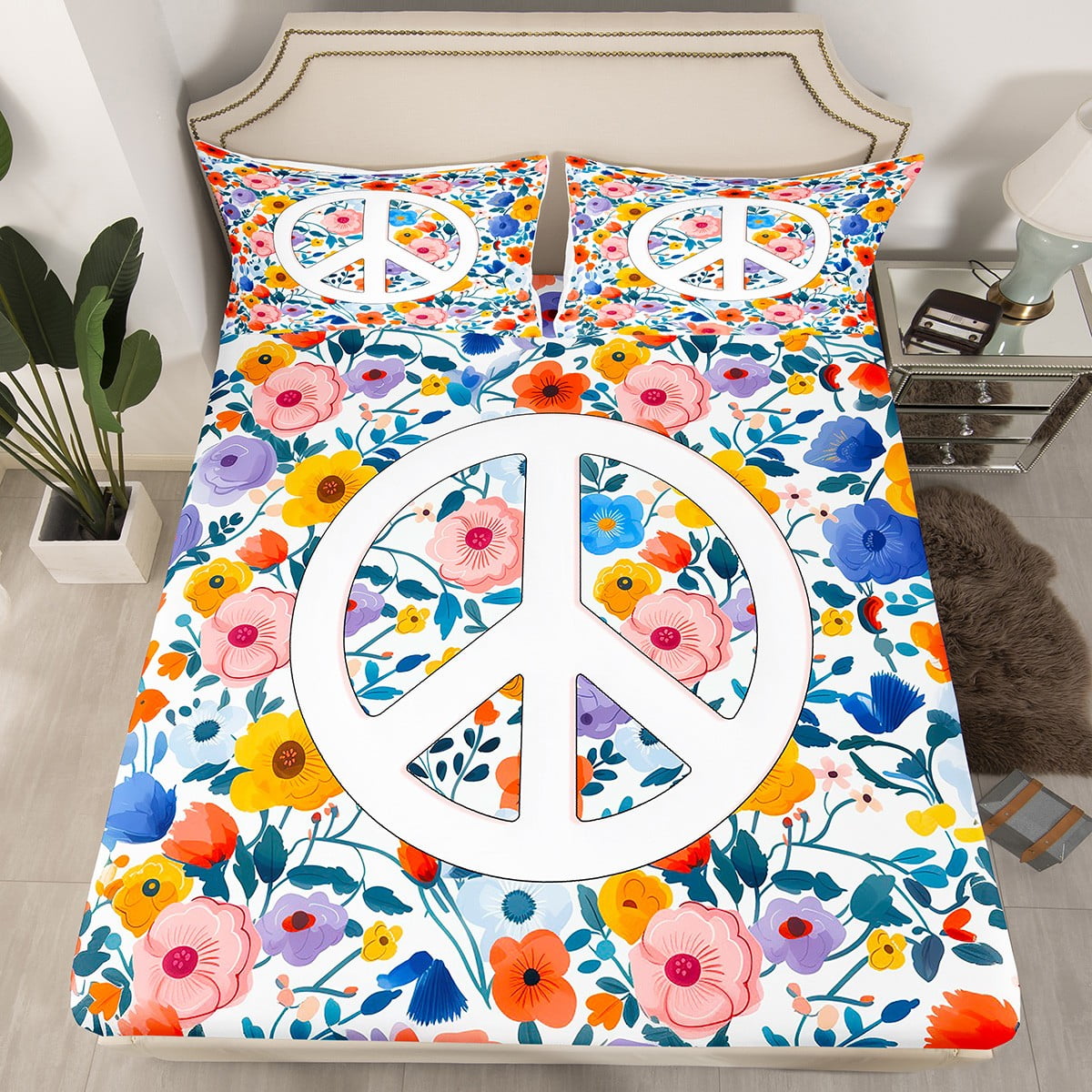 Bohenmian Sheets Groovy Flowers Theme Bed Sheets,Hippie Peace Sign Twin ...