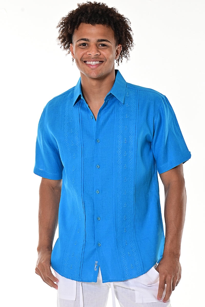 Bohio 100% Linen Mens Fancy Style Short Sleeve Shirt w/Anchor ...