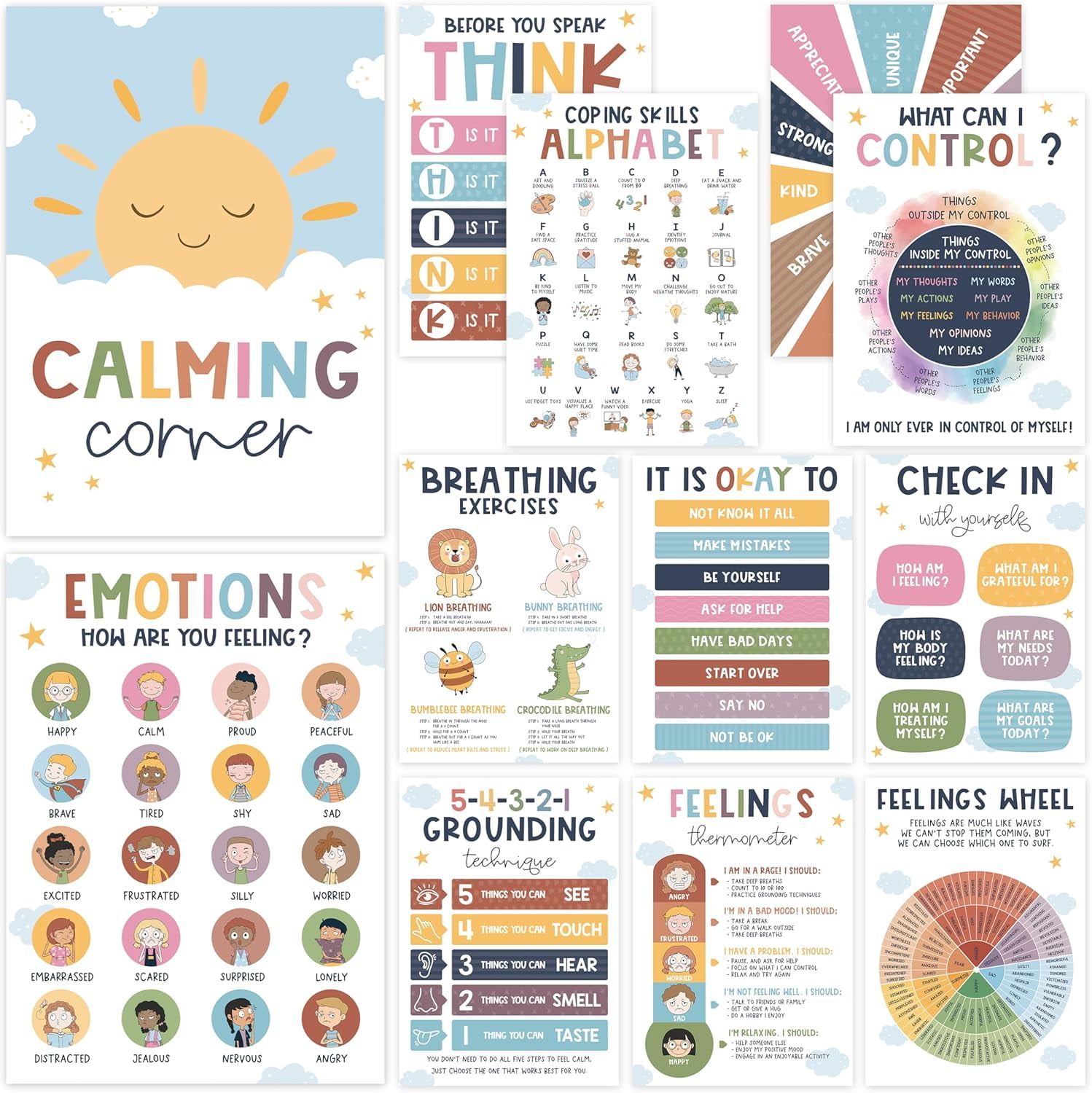 Boho 12 Calming Corner Classroom Posters (10x14) - Feelings Wheel ...