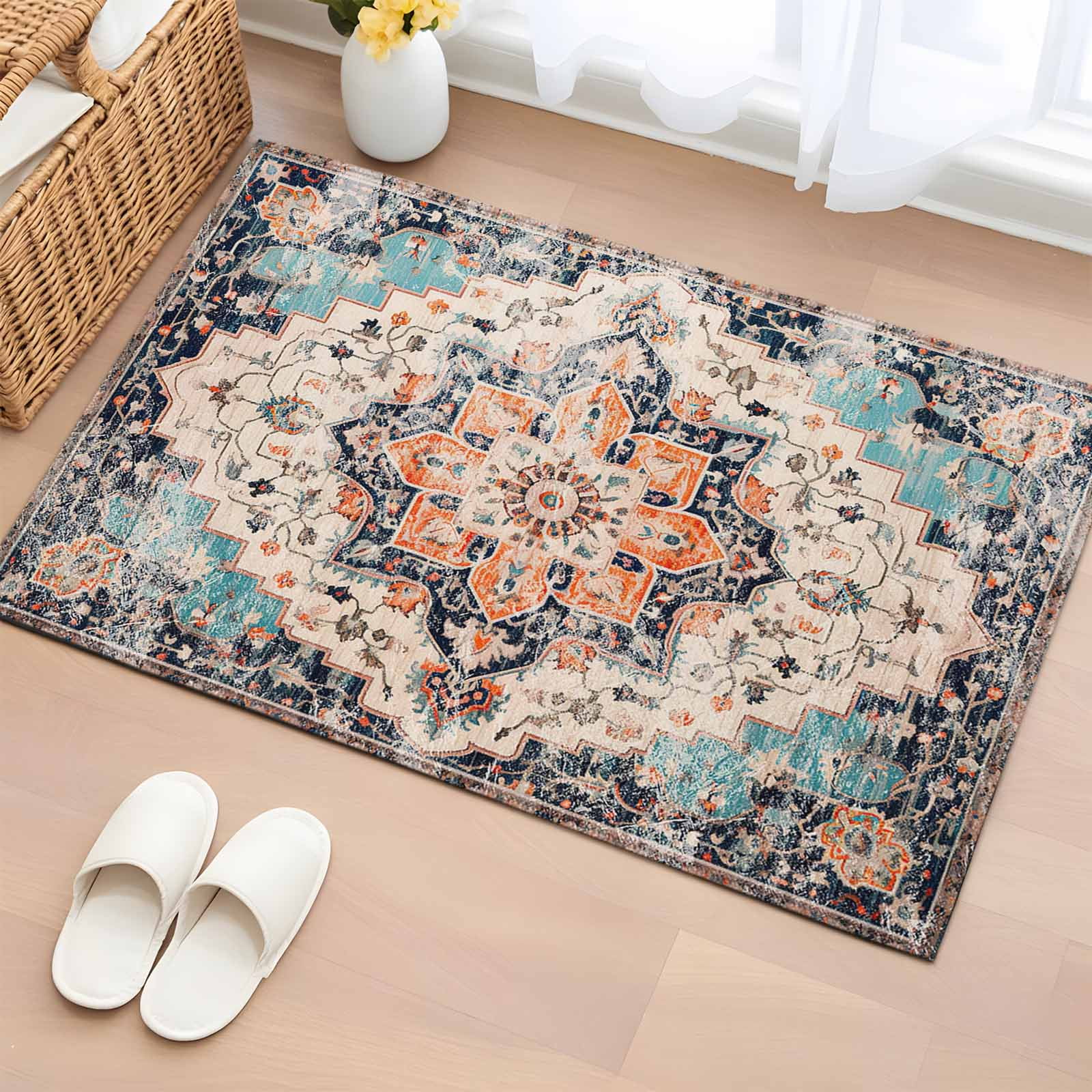 Boho 2x3 Door Mat Rug, Orange Blue Ethnic Tribe Abstract Art Non-Skid ...