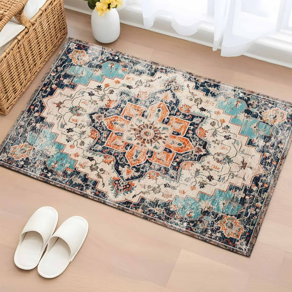 Boho 2x3 Door Mat Rug, Orange Blue Ethnic Tribe Abstract Art Non-Skid ...
