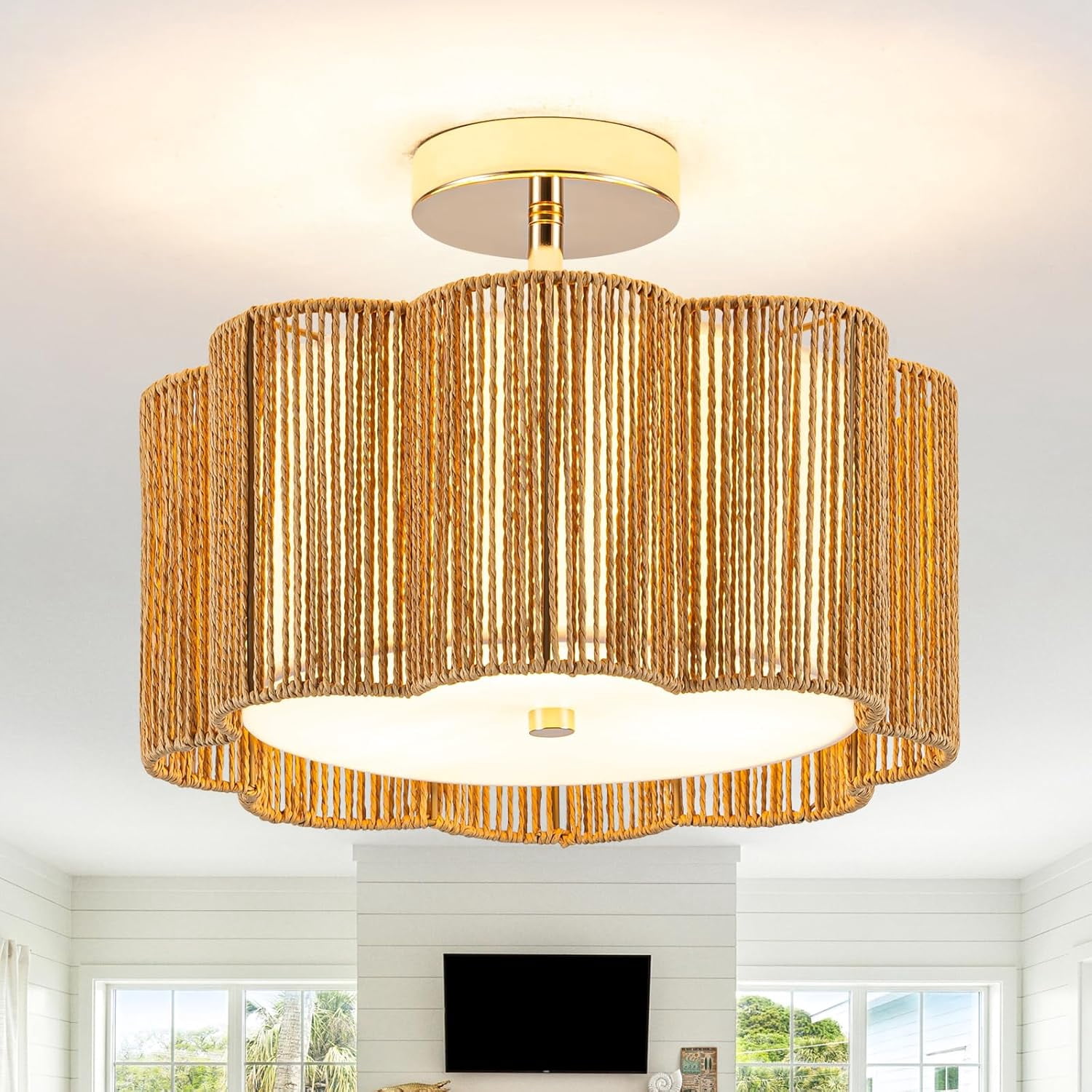 Boho 3-Light Gold Boho Rattan Light Fixture - Straight Lines for ...