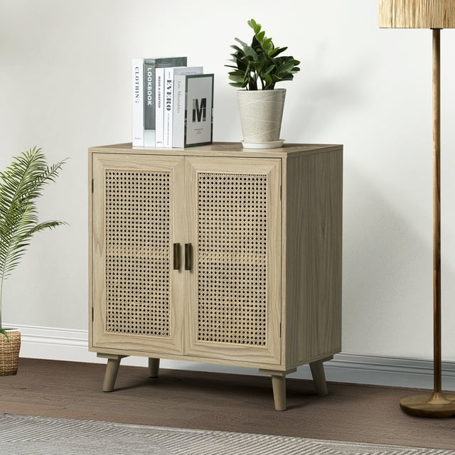 Boho 31" Rattan 2 Doors Cabinet Wood Storage Credenzas Sideboard Wooden ...