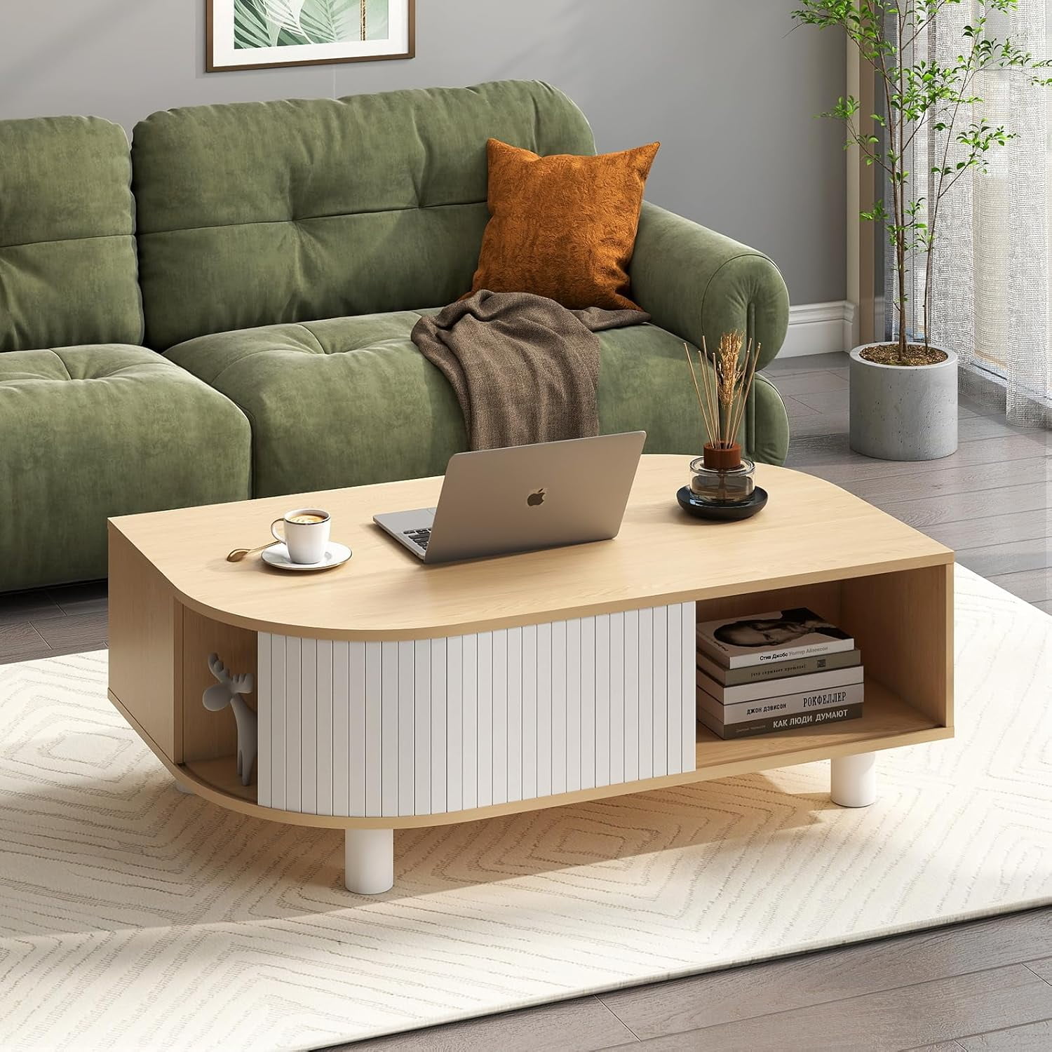 Boho 39.4" Coffee Table with Storage - Leaf-Shaped Center Table, Retro ...