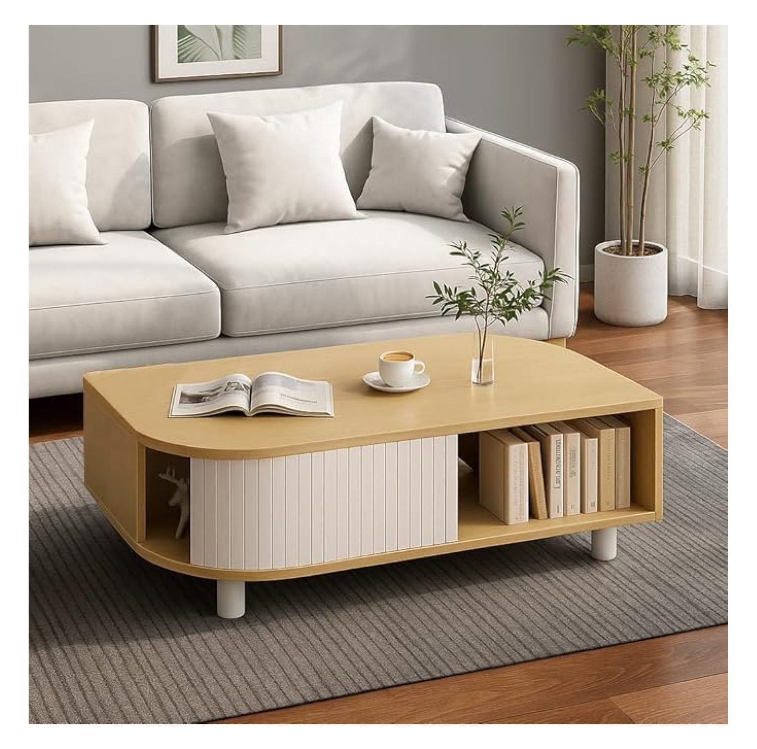 Boho 39.4" Coffee Table with Storage - Leaf-Shaped Wood Center Table ...
