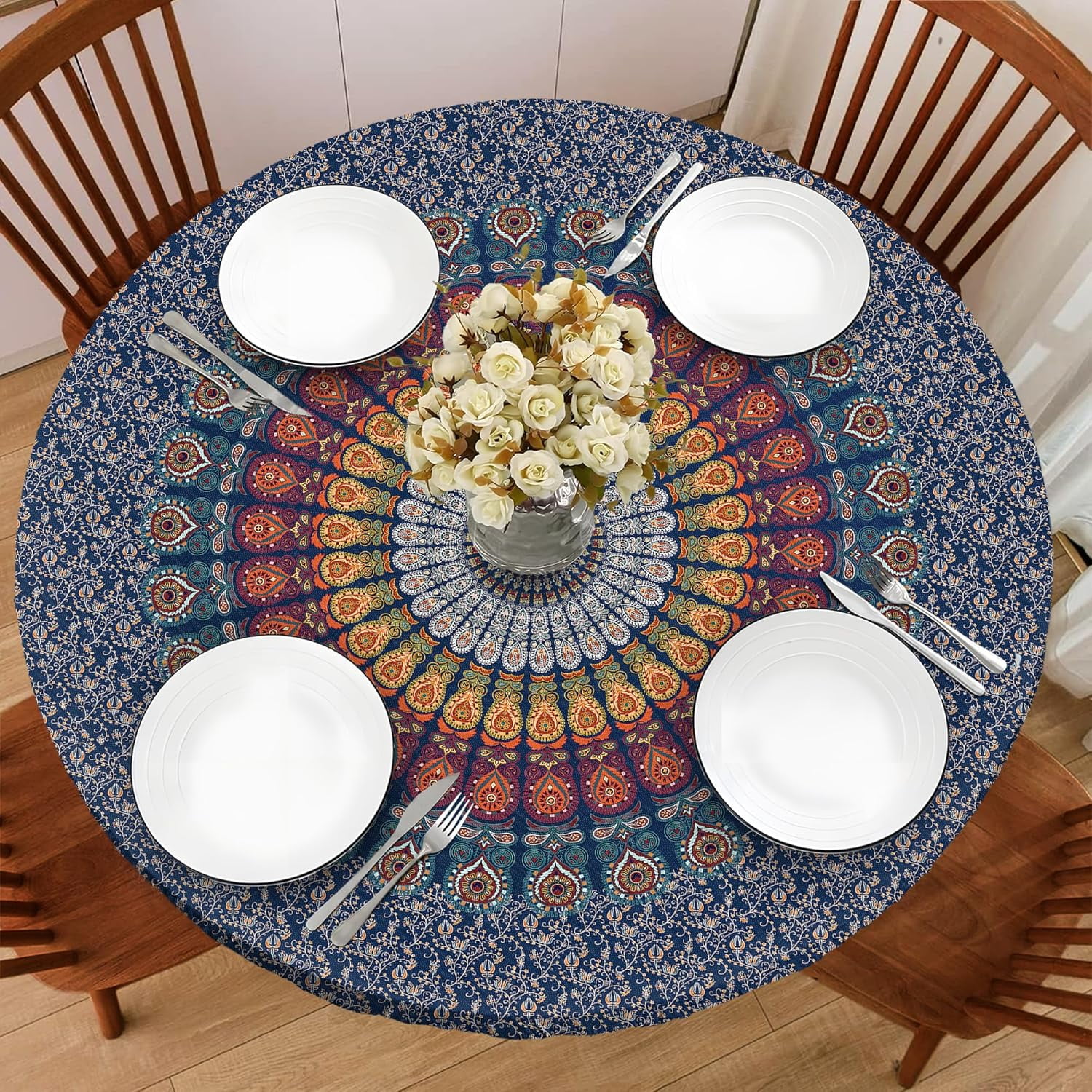 Boho 48 Inch Round Fitted Vinyl Tablecloth with Elastic Edged ...