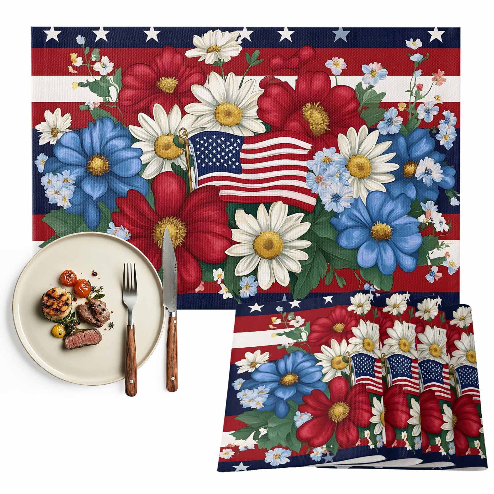 Boho 4th of July Placemats Set of 4, Memorial Day Flowers Table Mats ...