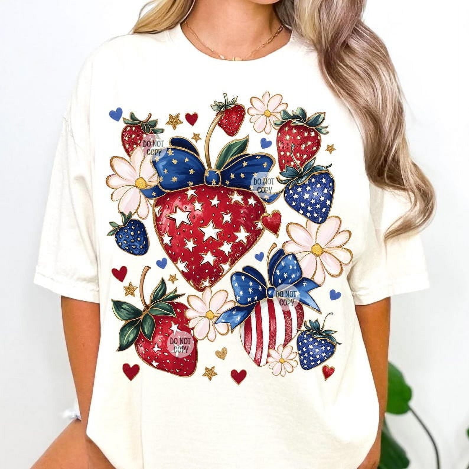 Boho 4th of July Strawberry T-shirt, Patriotic Bow Sublimation Design ...