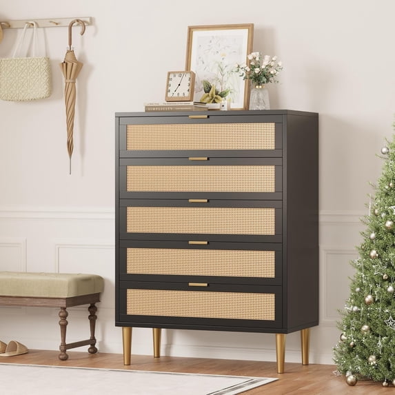 Boho 5-Drawer Tall Dresser with Rattan Panels, Wood Frame & Metal ...