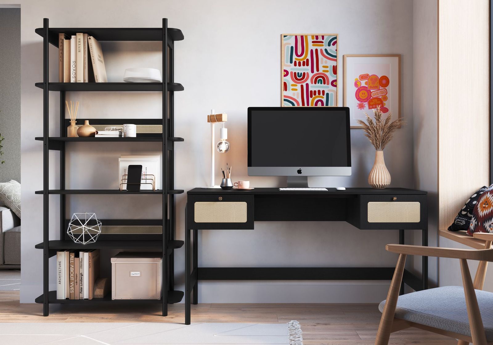 Boho 6-Tier Bookcase with Wood Legs and Rattan Accent, 70.9" Tall ...