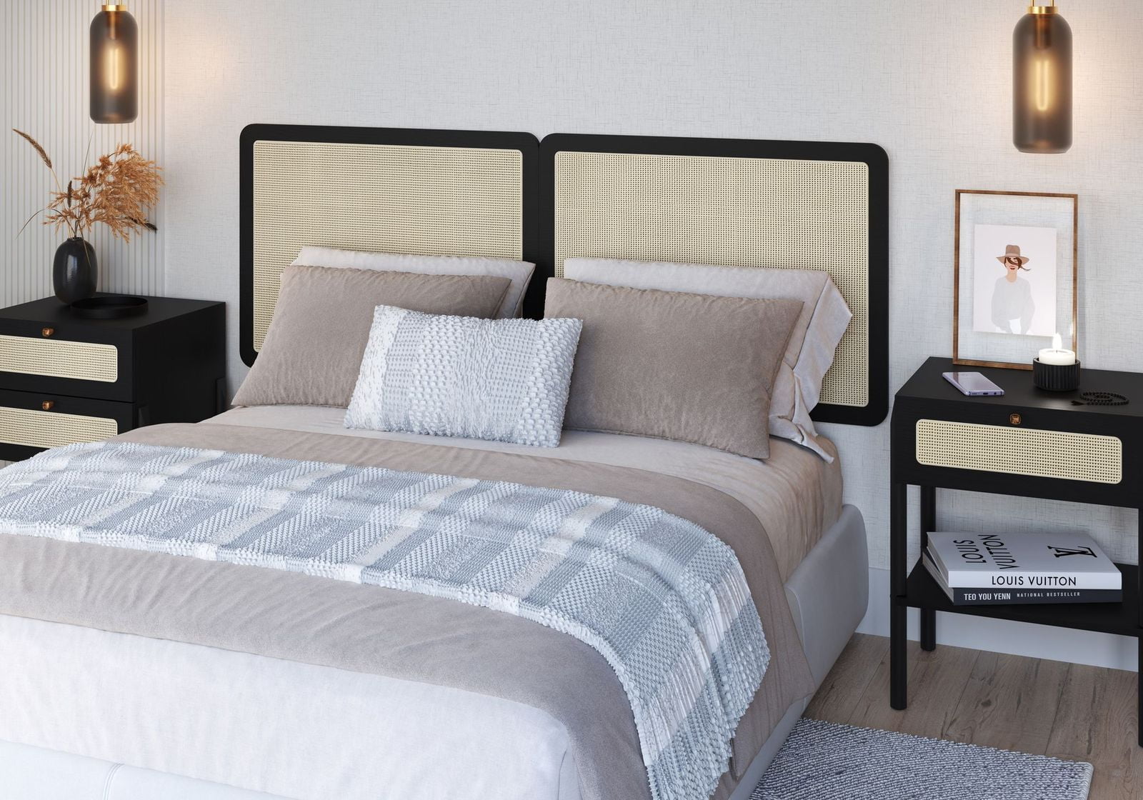 Boho 64" Rattan Wall Mount Headboard - 2 Panel Full/Queen, Nero Black ...