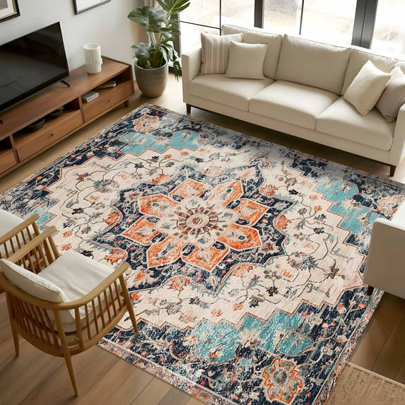 Boho 6x9 Area Rugs, Orange Blue Ethnic Tribe Abstract Art Non-Skid ...
