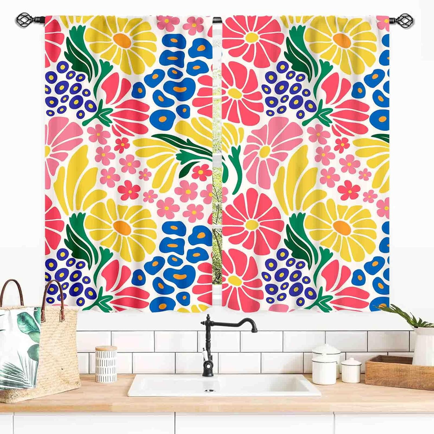 Boho 70s Floral Curtains, Retro Mid Century Abstract Hippie Funky ...