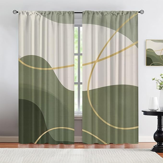 Boho Abstract Art Grass Green Curtains For Bedroom Minimalist Olive ...