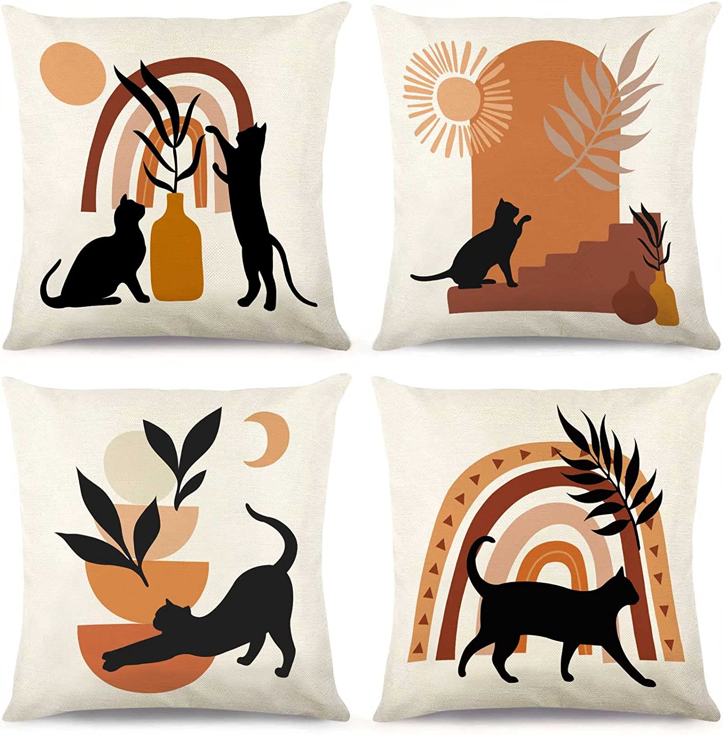 Boho Abstract Black Cat Plant Sunset Decorative Throw Pillow Covers ...