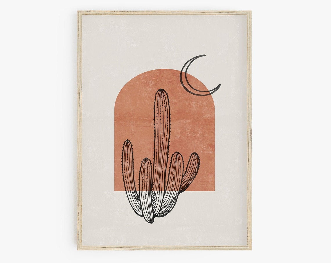 Boho Abstract Cactus Print, Desert Moon Wall Art Print, Cactus Line Art ...