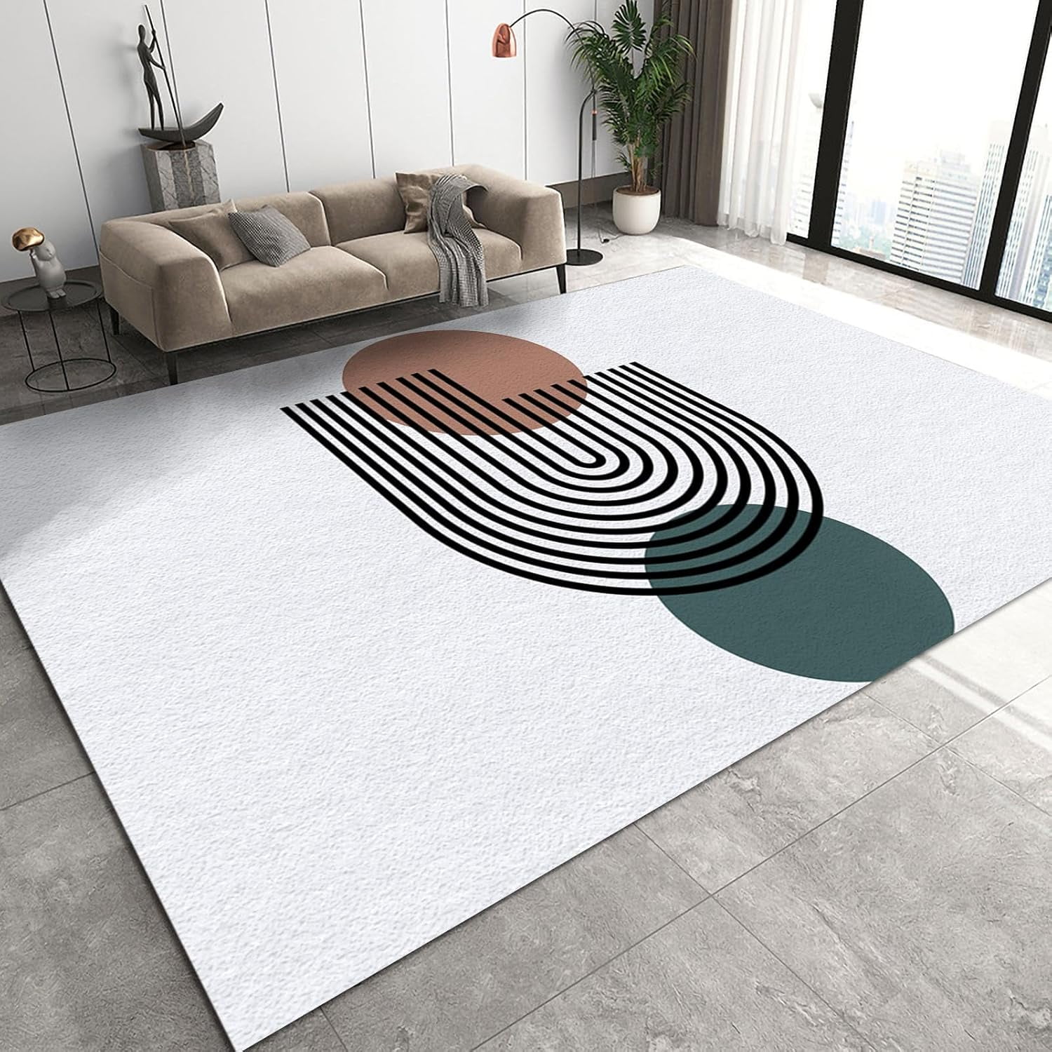 Boho Abstract Circle Geometry Rugs, Modern Minimalist Black Curved ...