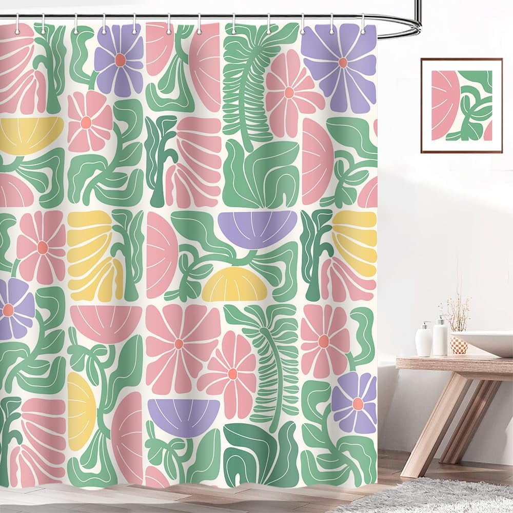 Boho Abstract Colorful Floral Shower Curtain, Vintage Retro Patchwork ...