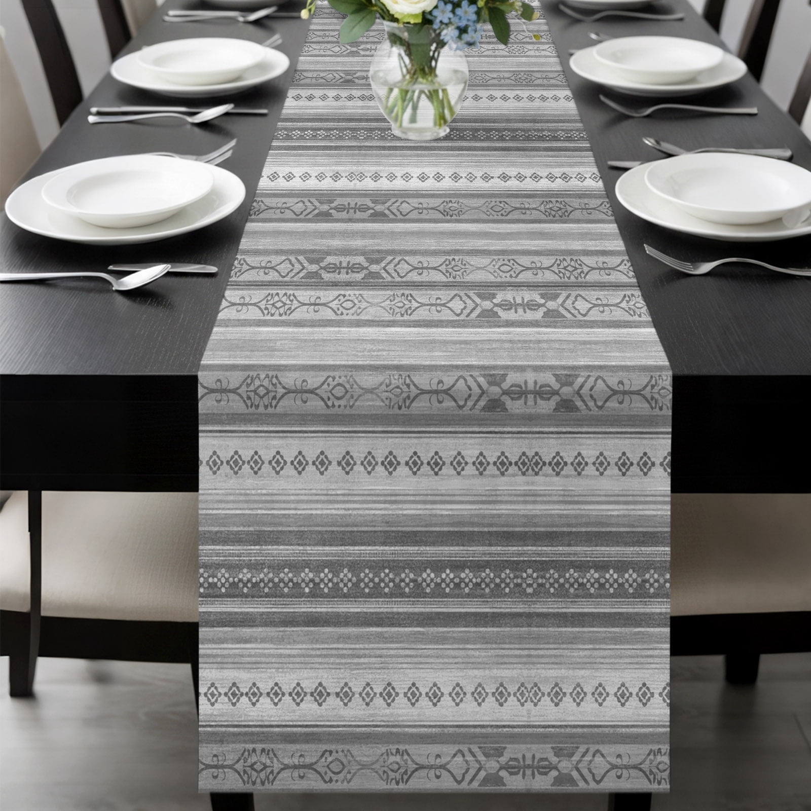 Boho Abstract Ethnic Gray Geometric Pattern Table Runner 70 Inches Long ...