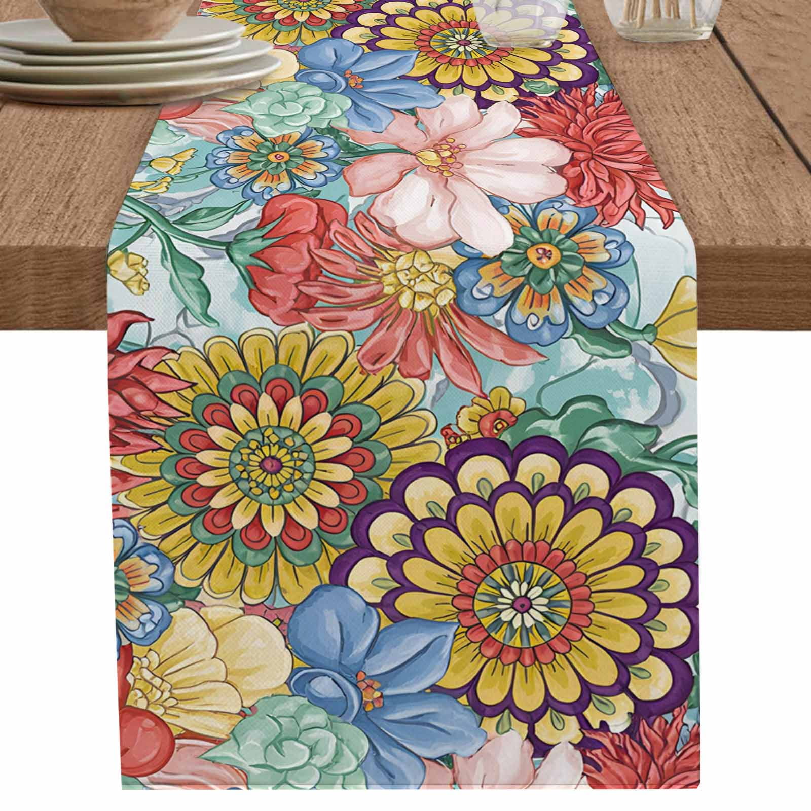 Boho Abstract Farmhouse Flower Table Runner-70 Inch Long Vintage Green ...