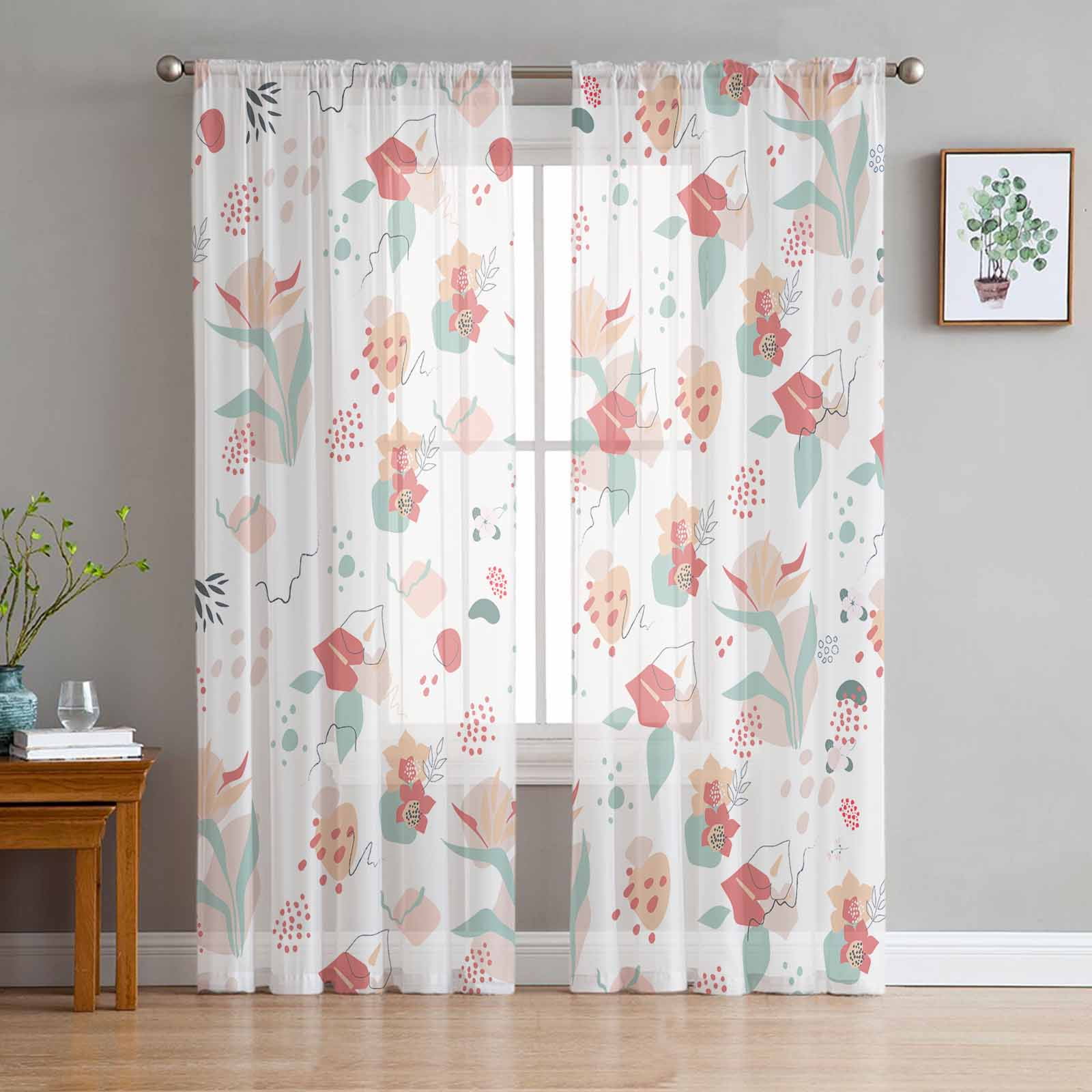 Boho Abstract Floral Geometric Sheer Tulle Curtains for Living Room ...