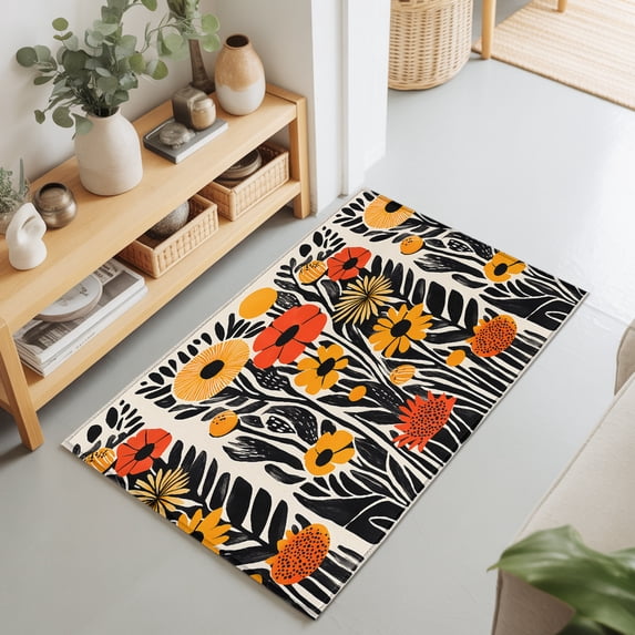 Boho Abstract Floral Rectangle Rug 2'x3' Retro Red Yellow Flowers ...