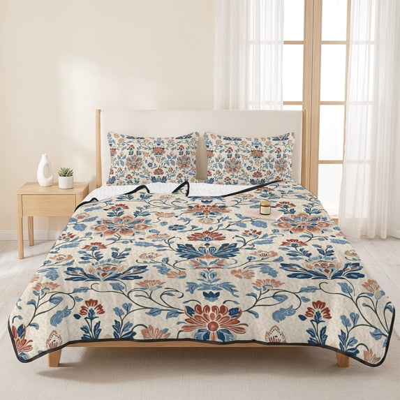 Boho Abstract Flower Botanical 3 Pieces Quilt Set,1 Quilt with 2 Shams ...