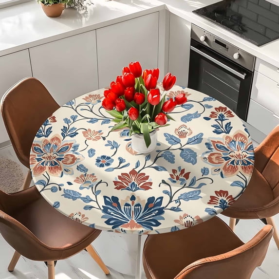 Boho Abstract Flower Botanical Round Fitted Tablecloth with Elastic ...