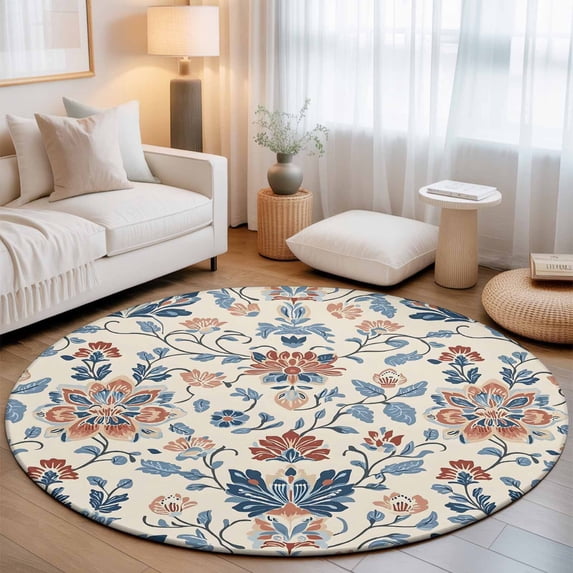 Boho Abstract Flower Botanical Round Rug 5ft Retro Ombre Blue Floral ...