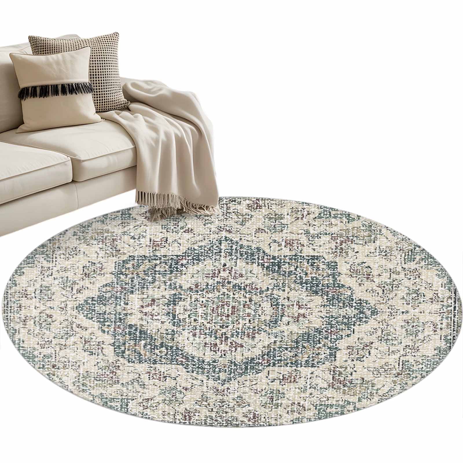 Boho Abstract Flowers Area Rug, Beige Green Retro Medieval National ...