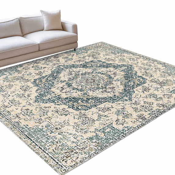 Boho Abstract Flowers Area Rug, Green Beige Retro National Medieval ...