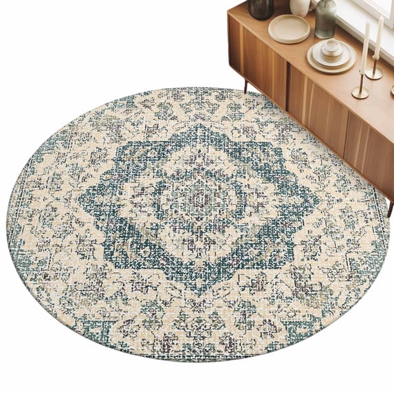 Boho Abstract Flowers Area Rug, Green Beige Retro National Medieval ...