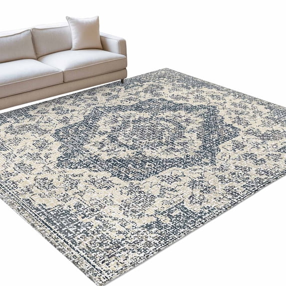 Boho Abstract Flowers Area Rug, Navy Blue Retro National Medieval Style ...