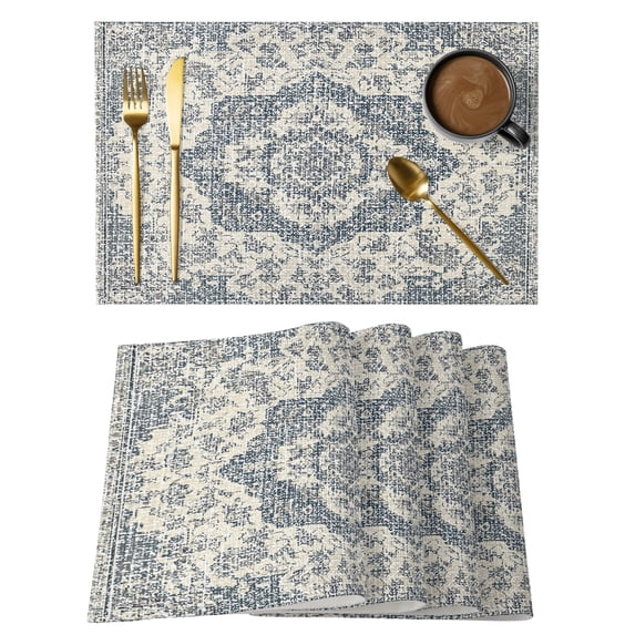 Boho Abstract Flowers Cotton Linen Placemats Set of 1, Navy Blue Retro ...