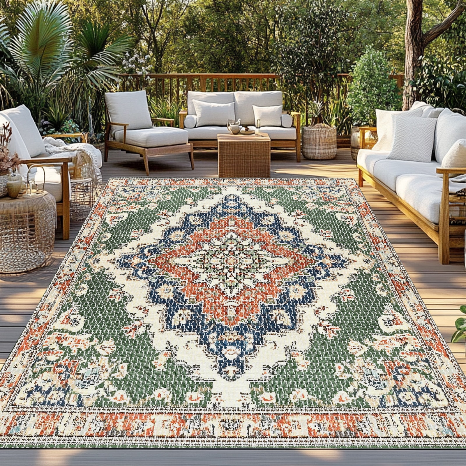 Boho Abstract Flowers Indoor Outdoor Rugs 5x8 Ft, Orange Green Retro ...