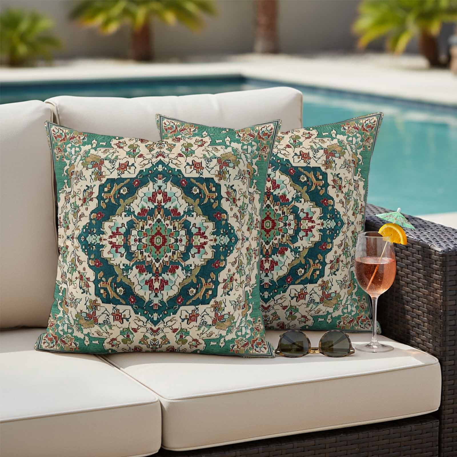 Boho Abstract Flowers Outdoor Throw Pillow Covers Set of 2, Green Red ...